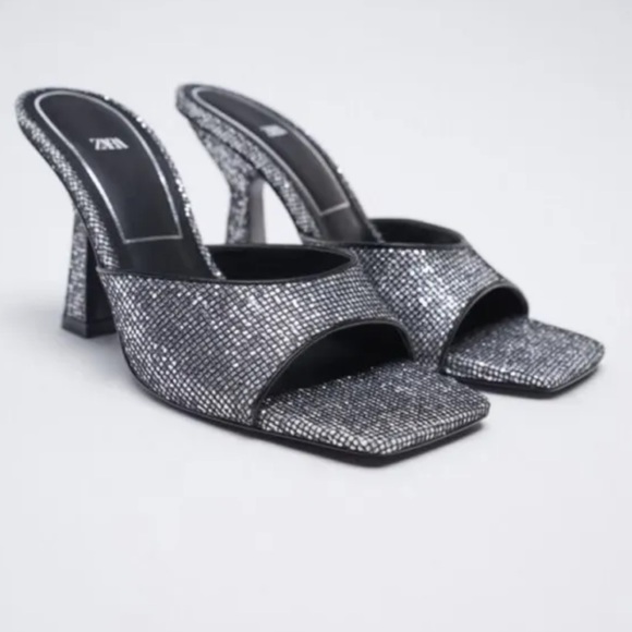 Zara | Shoes | Zara Square Toe Glitter Crystal Heels | Poshmark